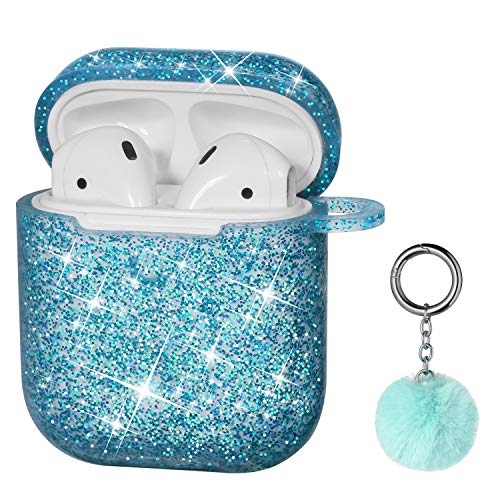 Airpods Case, DMMG Airpods Case Cover Silicone Skin, AirPods Protective Bling Glitter Case with Fluff Ball Keychain, Scratch Proof and Drop Proof for Apple Airpods 2&1