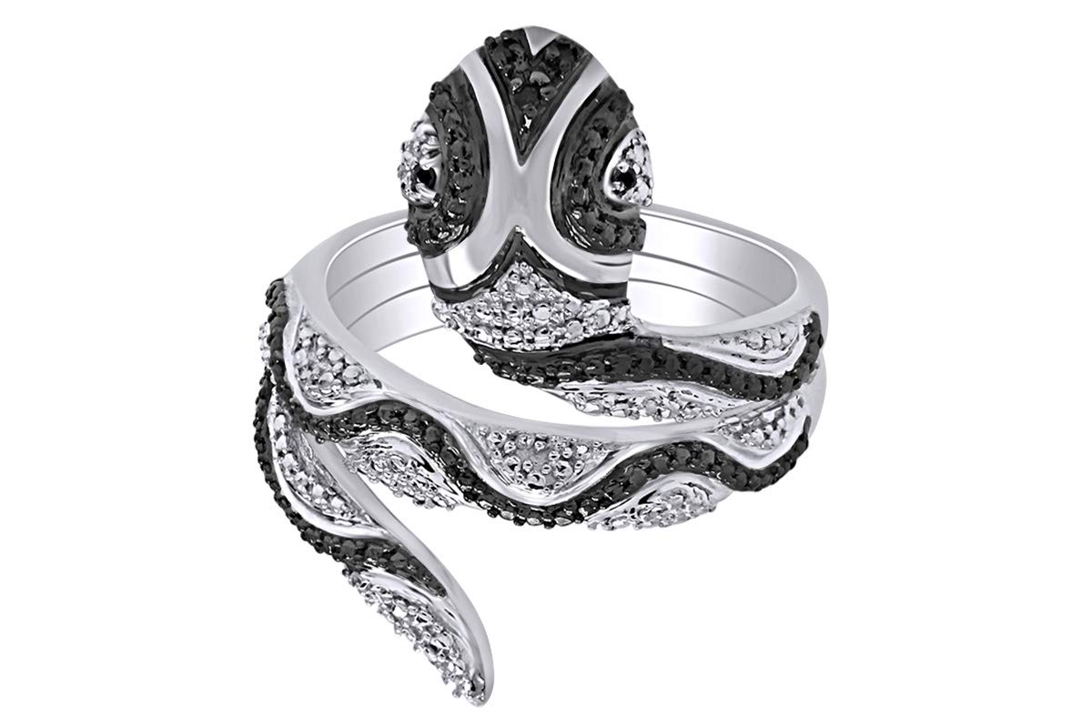 14k White Gold Over Sterling Silver Black Natural Diamond Accent Snake Ring For Women Ring Size-7 (0.01 Carat, Color - Black, Clarity I2-I3)