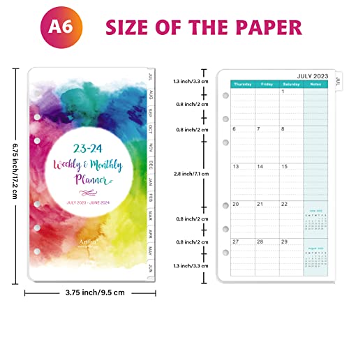 2023-2024 Planner Refills - Planner Refills 2023-2024, 2023-2024 Weekly & Monthly Planner Refills, A6 Planner Inserts, 3.75 x 6.75 inch, 6 Holes, 2023-2024 Planner Inserts from Jul.2023-Jun.2024, A6 Planner Refills - Watercolor Ink