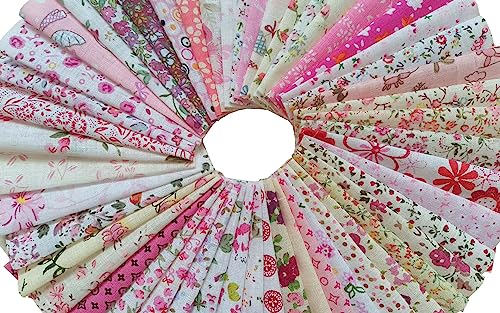 50PCS 4 X4 Inches Different Patterns Pink Cotton Craft Printed Fabric DIY Handmade Material Set Bundle Patchwork Squares for Home Crafts Sewing Scrapbooking Quilting
