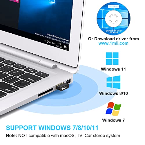 1Mii USB Bluetooth 5.0 Dongle Adapter for PC Laptop Desktop Stereo Headset, Keyboard, Mouse, Support All Windows 10 8.1 8 7 XP Vista