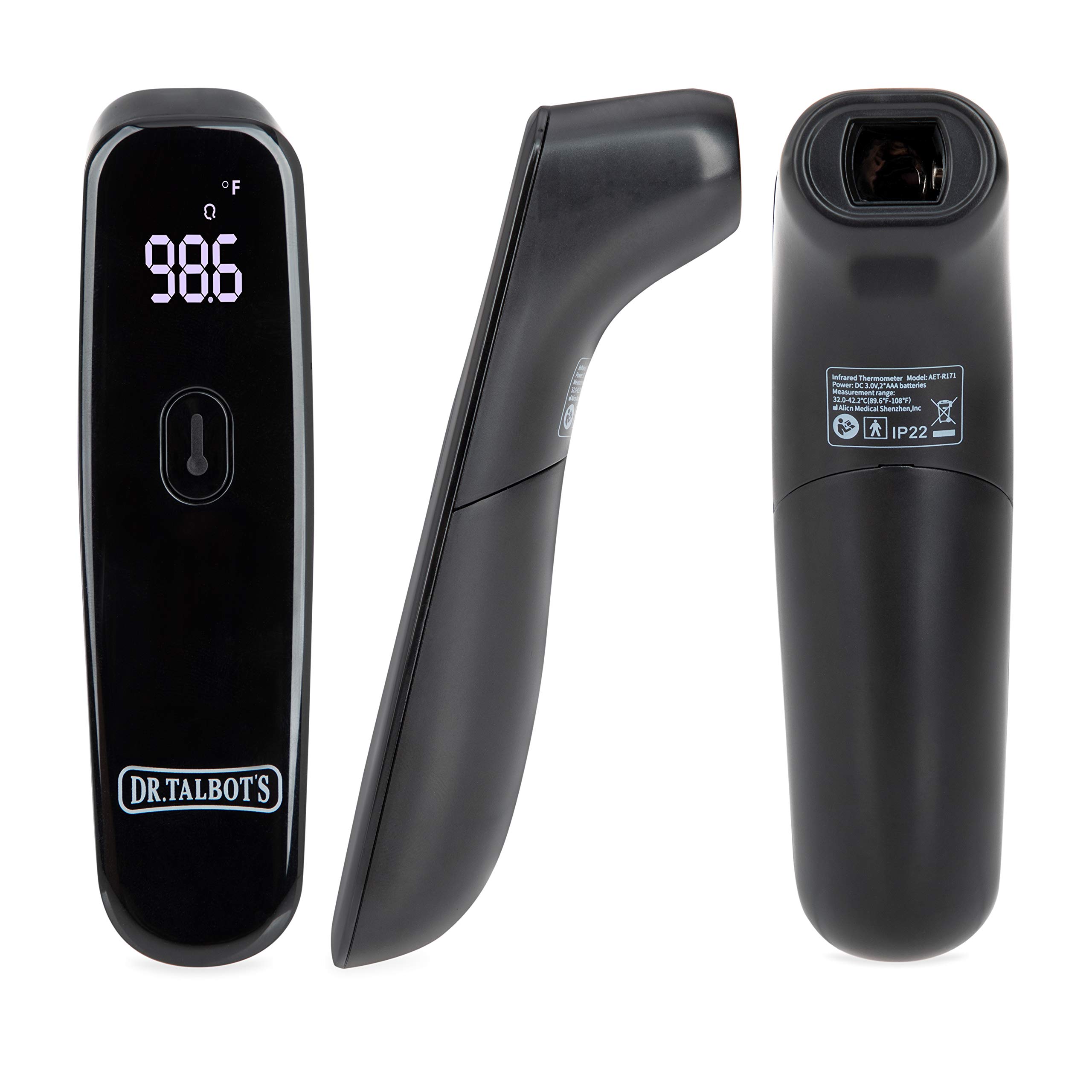 Dr. Talbot's Non-Contact Acrylic Infrared Thermometer with Led Screen, Fever Warning Indicator, Accurate 1 S Reading for Baby, Kids, Adults, Black