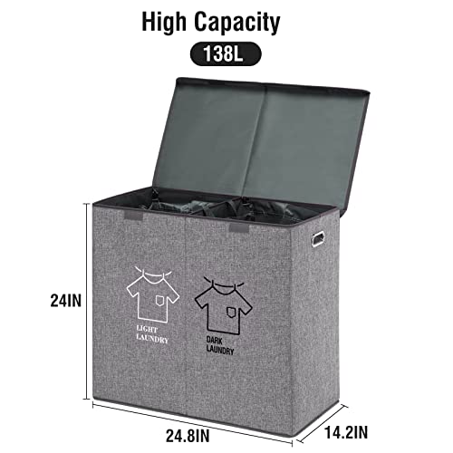 TECHMILLY Double Laundry Hamper with Lid, 140L Large Foldable Dirty Cloth Basket 2 Section with Removable Liners, Tall Divided Laundry Baskets with Handles for Bedroom, Closet, Bathroom - Grey