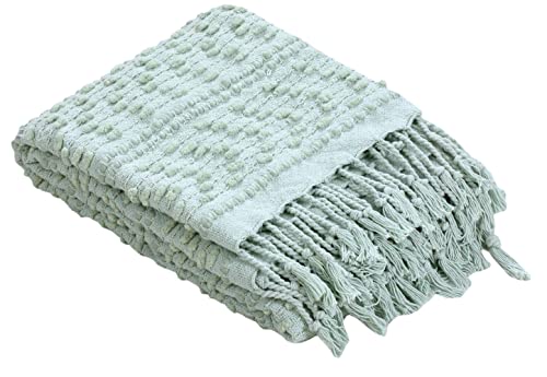 ACCENTHOME Cotton Throw Blanket with Tufted Decorative Design | 50''X60'' Cozy Chenille Knit Lightweight Boho Chic Blankets | Sage Soft Fringe Tassel Blankets for Couch, Bedroom, Living Room Sofa