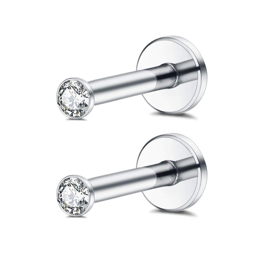 16g Surgical Stainless Steel Internally Threaded Micro CZ Gem Top Tragus Helix Labret Nose Lip Stud Cartilage Earrings Piercing Body Jewelry1 Pair 2mm