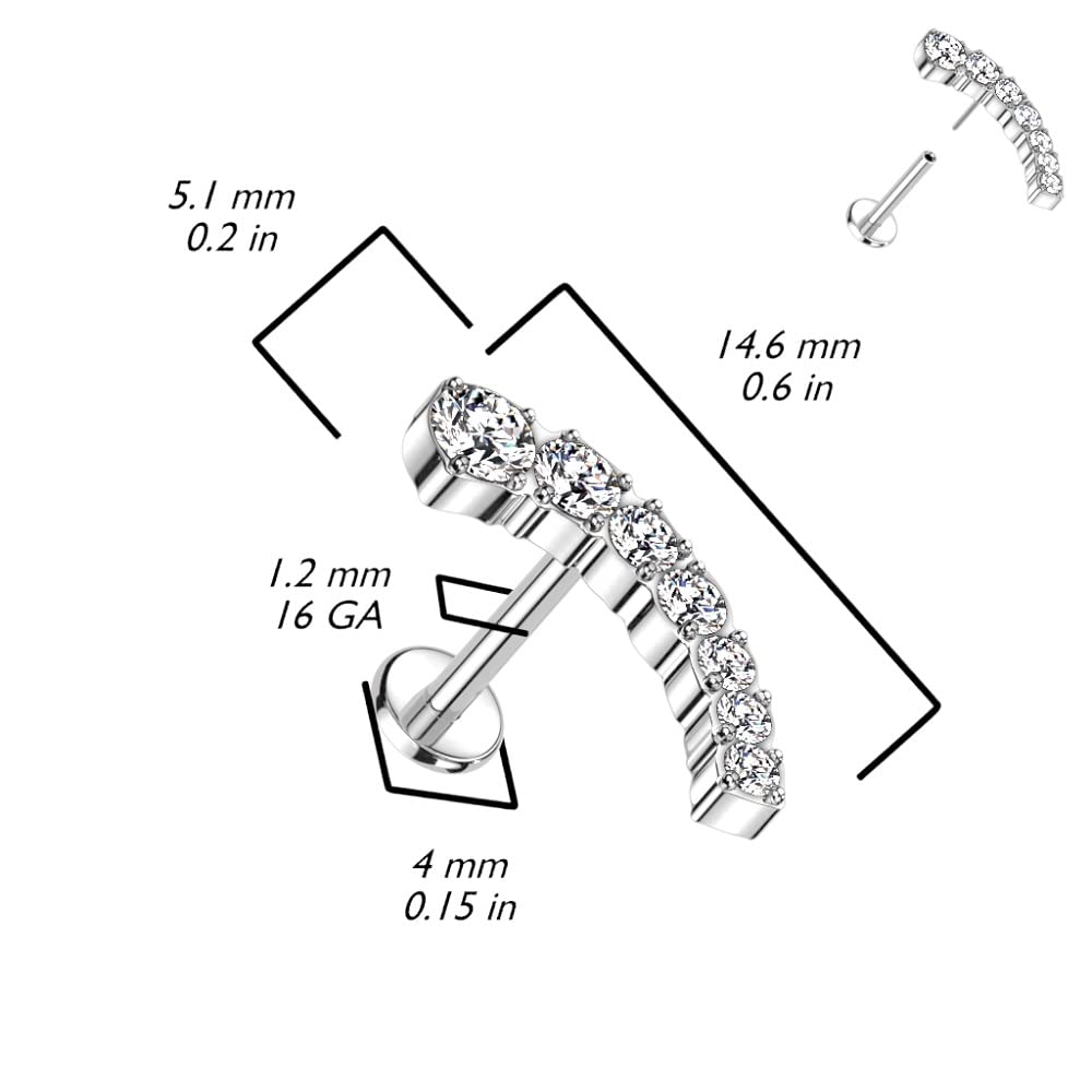 16GA F136 Implant Grade Titanium Threadless Push-in Descending CZ Crystal Curved Top Flat Back Stud (Clear)