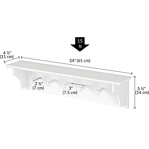 Ballucci Floating Coat and Hat Wall Shelf Rack, 5 Pegs Hook, 24", White