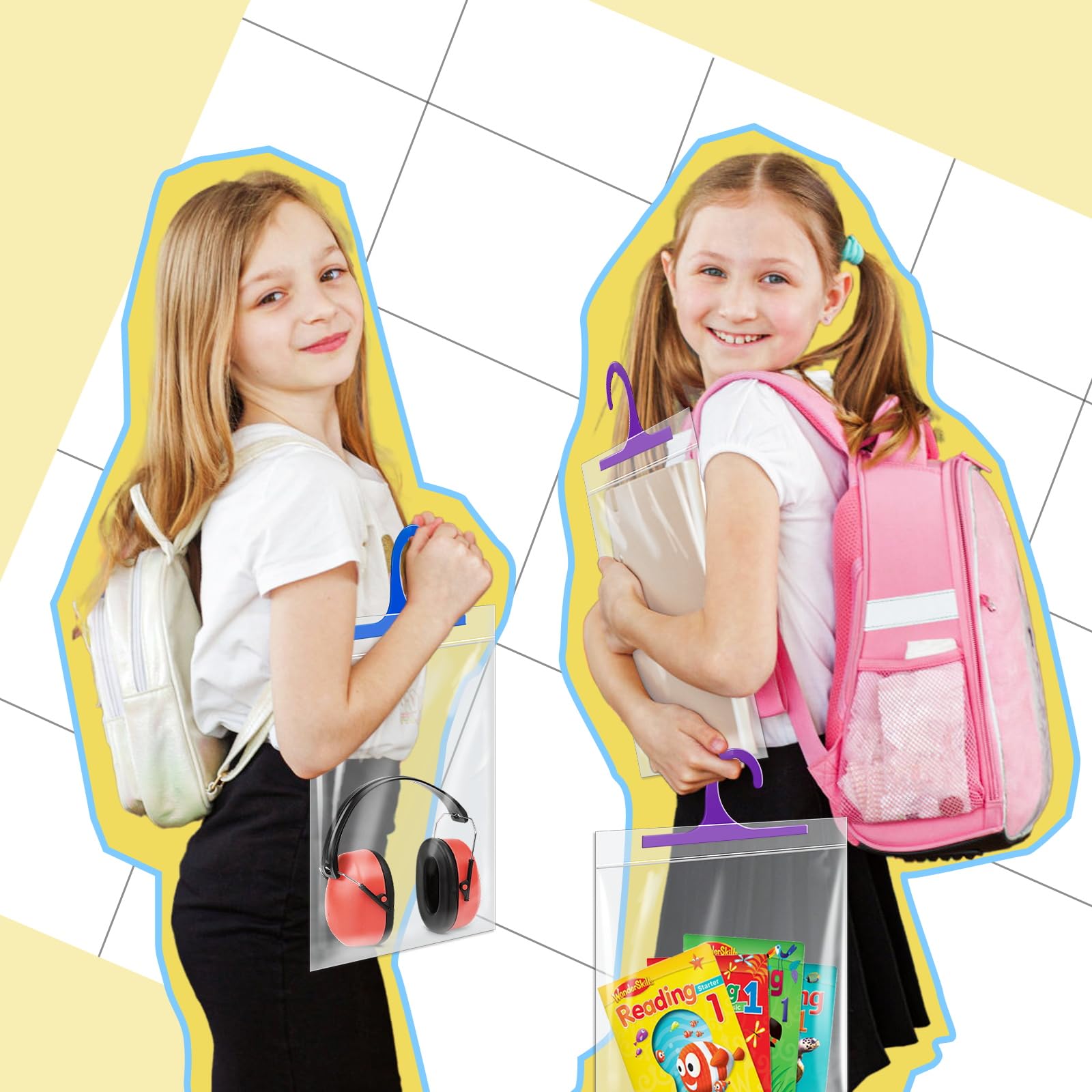 24 Pack Hanging Storage Bags, Headphone Storage Bags, Colorful Large Hook 10 x 12.5-inch Clear Plastic Bags for Classroom, Library, and Pharmacy Use