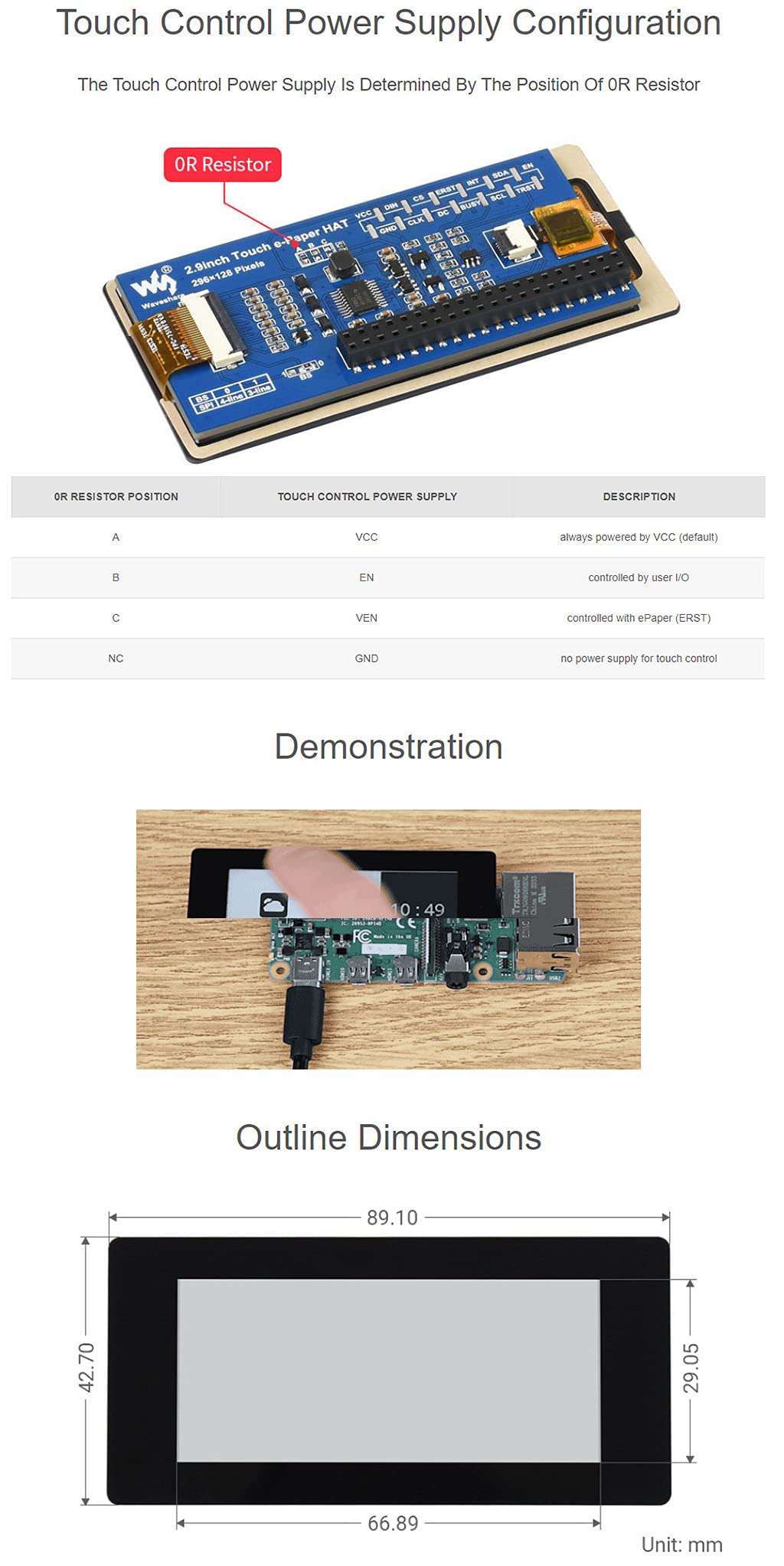 Coolwell 2.9inch Touch E-Paper E-Ink Display HAT for Raspberry Pi Series Board, 5-Points Capacitive Touch, 5-Points Touch,296×128 Pixels, SPI Interface