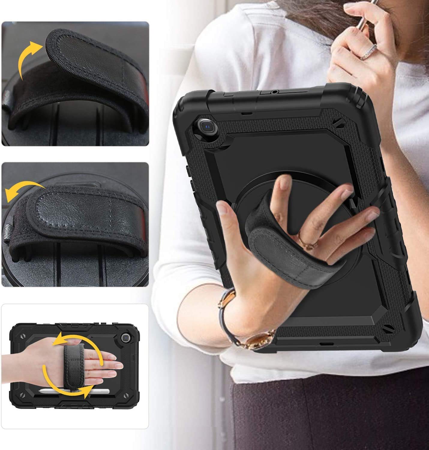 BLOSOMEET Case for Samsung Galaxy Tab S6 Lite 10.4" 2024/2022/2020 with Screen Protector S Pen Holder,Heavy Duty Case for S6 Lite Tablet P620/P625/P610/P613 with Stand Hand Shoulder Strap,Black