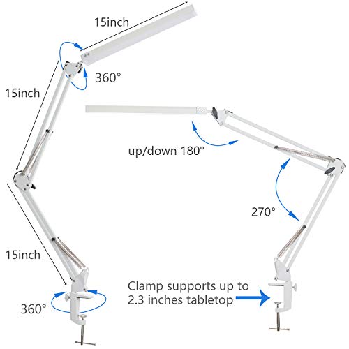 PSIVEN LED Desk Lamp, Architect Task Lamp, Metal Swing Arm Dimmable Drafting Table Lamp with Clamp (3 Color Modes, 10-Level Dimmer, Memory Function) Highly Adjustable Office, Craft, Workbench Light