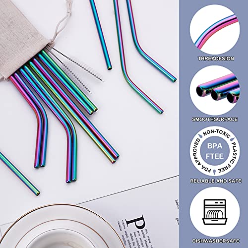 16-Pack Reusable 18/10 Stainless Steel Metal Straws with Silicone Tips & Cleaning Brush, Suotarn Long Drinking Straws for 20 24 30 oz Coffee Tumbler Travel Mug Cup, Dishwasher Safe, Rainbow
