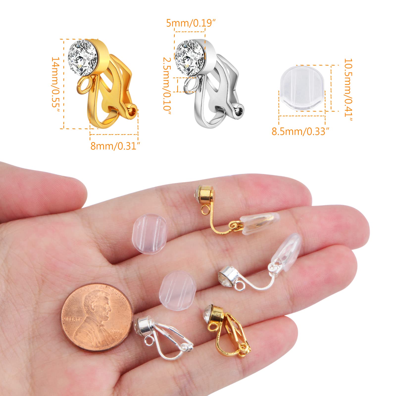 16pcs Clip-on Earring Converters Brass Triangle Earring Clips with Crystal Rhinestone Earring Findings and 16pcs Silicone Ear Pads for Non-Pierced Ears DIY Jewelry Making, 2 Colors