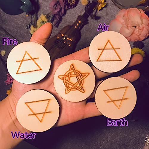 OKDOKEY 9.4" Witch Altar Broom & Four Elements and Pentacle Wood Runes Set | Miniature Pentagram Wicca Brush | Handmade Mane Broomstick for Majic Ceremonial, Halloween Broom, Wiccan Ritual Broom