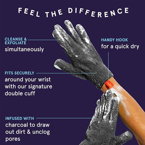 Cleanlogic Detoxify Charcoal Infused Exfoliating Glove, Stretchy Bath & Shower Gloves, Reusable Exfoliator Tool for Smooth & Softer Skin, 3 Pairs, 6 Count Value Pack