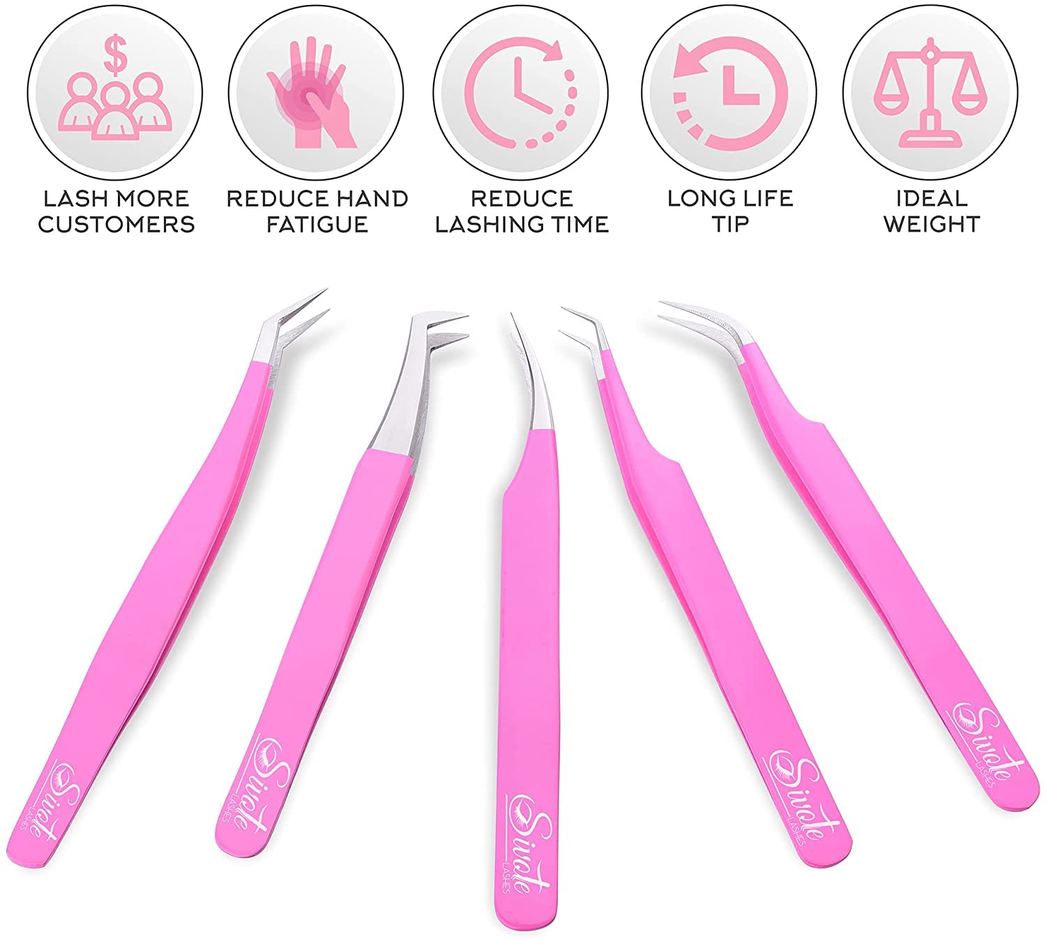 SIVOTE Eyelash Extension Tweezers for Classic & Volume Lashes, 5-Pack, Pink