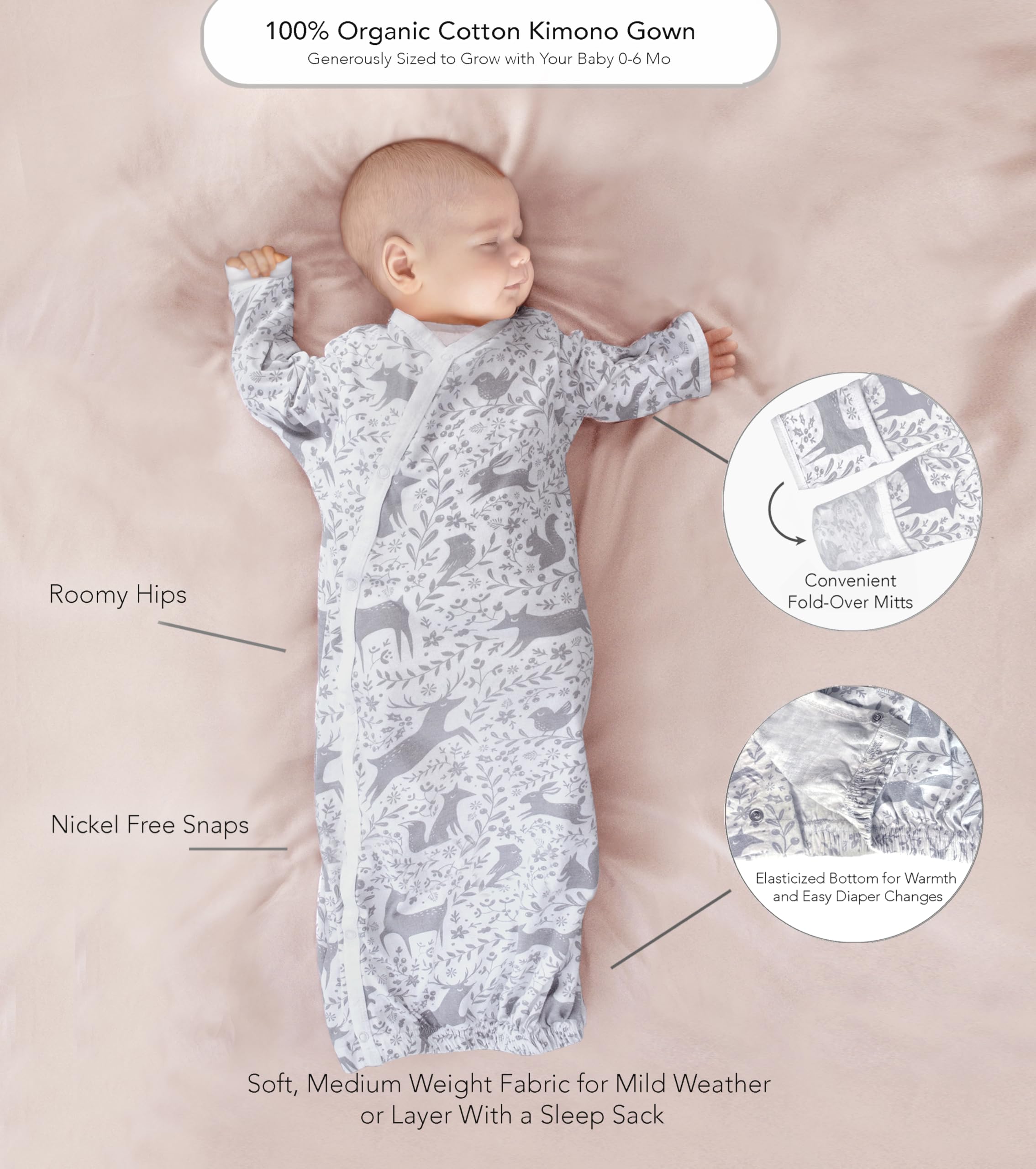 Cambria Baby 100% Organic Kimono Gowns. Side Snaps with Built in Mitts. (0-6 Months, Feathers and Forest Animals)