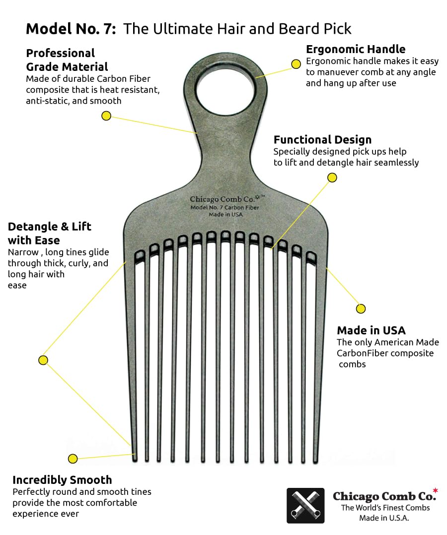 Chicago Comb Model 7 Carbon Fiber Pick Comb, for Long Thick Curly & Afro Hair Styles, Black Color, 6 inches (15 cm)