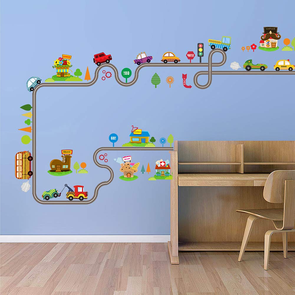 OOTSR Wall Decals, Car Track Wall Sticker Decor for Boys Girls Bedroom, Nursery Room, Home, Living Room Decor