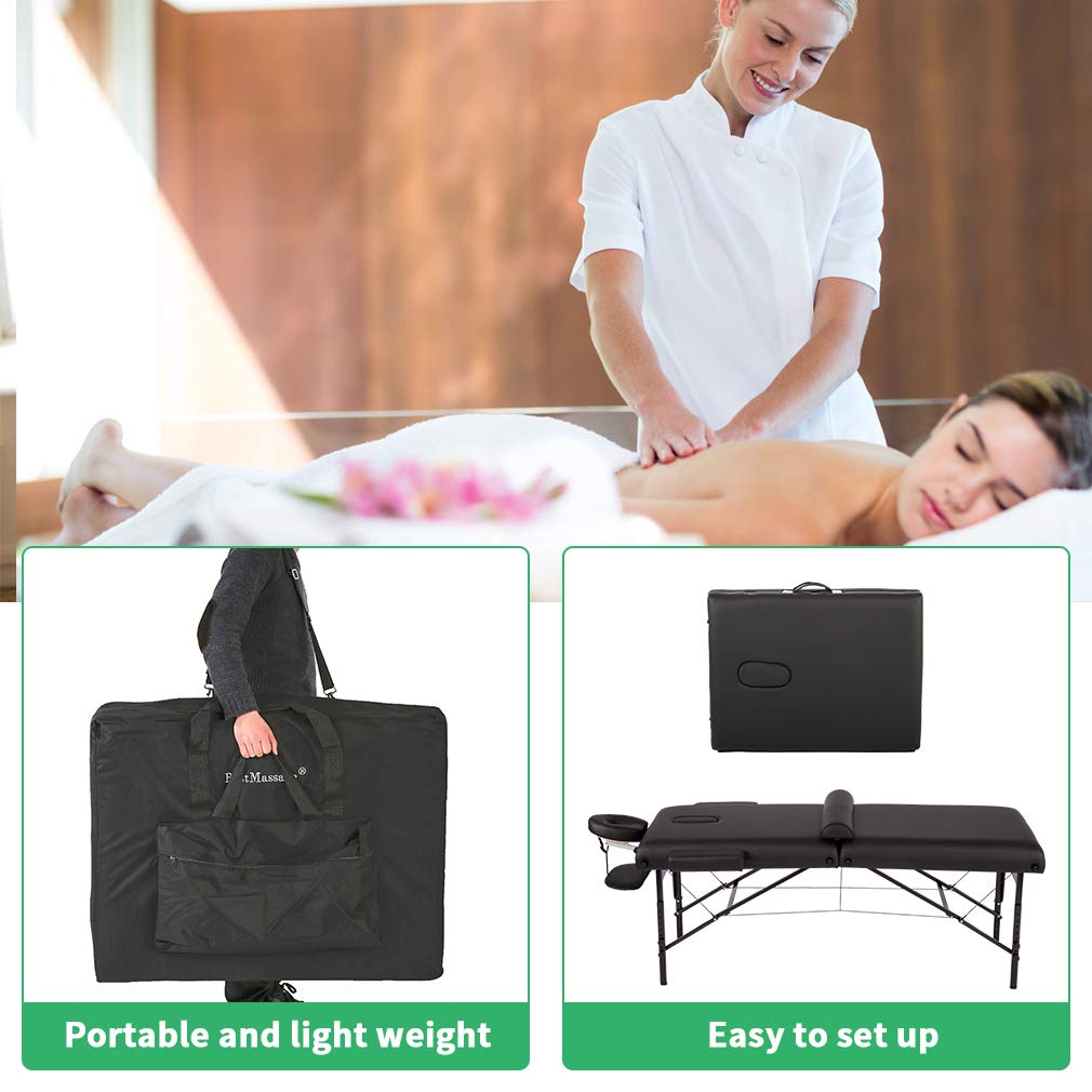 BestMassage Massage Table Portable Massage Bed Spa Bed 30 Inches Wide Height Adjustable 2 Fold PU Lash Bed with Half Bolster Oxford Cloth Backpack for Spa Footmassage Facial CareSpa Tattoo,Black