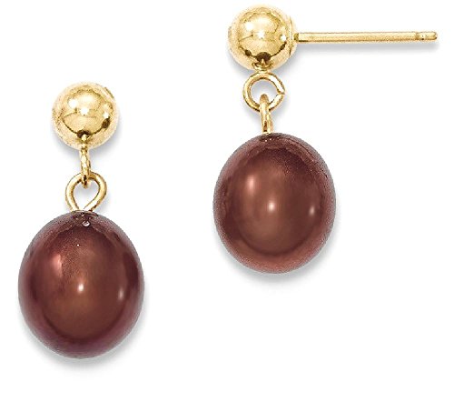14K Yellow Gold 7mm Brown Rice Freshwater Cultured Pearl Drop Dangle Earrings
