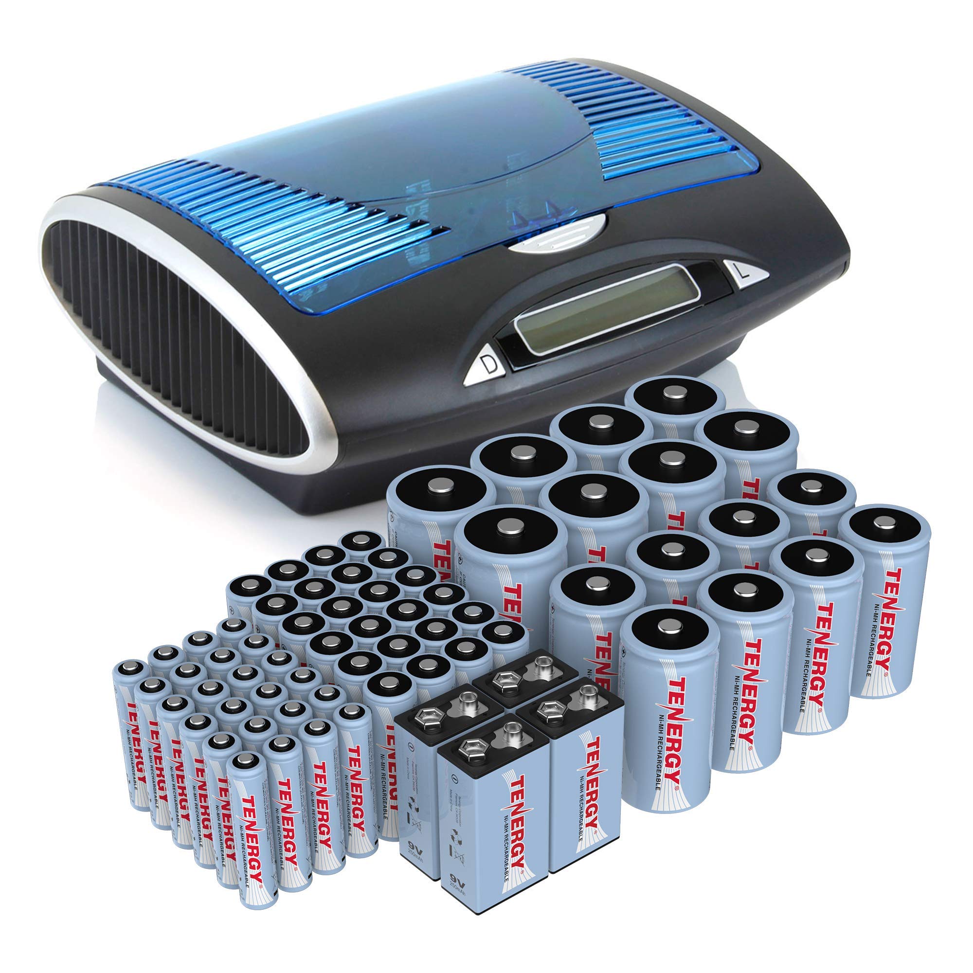 Tenergy 68 Pack Rechargeable Batteries with Charger, 24xAA 24xAAA 8xC 8xD Rechargeable Batteries with Charger, Ideal for Everyday Household Electronics…