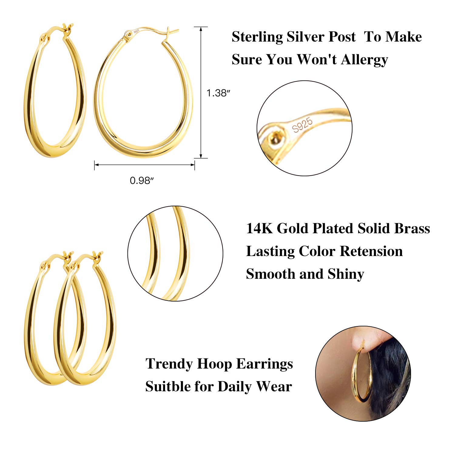 14K Gold Oval Hoop Earrings for Women 925 Sterling Silver Post Hypoallergenic Hoops Earrings
