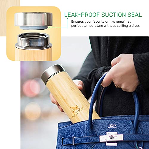 Bamboo Tumbler with Tea Infuser Bottle Loose Leaf Strainer – Advanced Double Insulated Stainless Steel Travel Thermos - Best Gift for Tea Lovers - Leak-Proof Hot Coffee Mug, Fruit Water Bottle (17 oz)