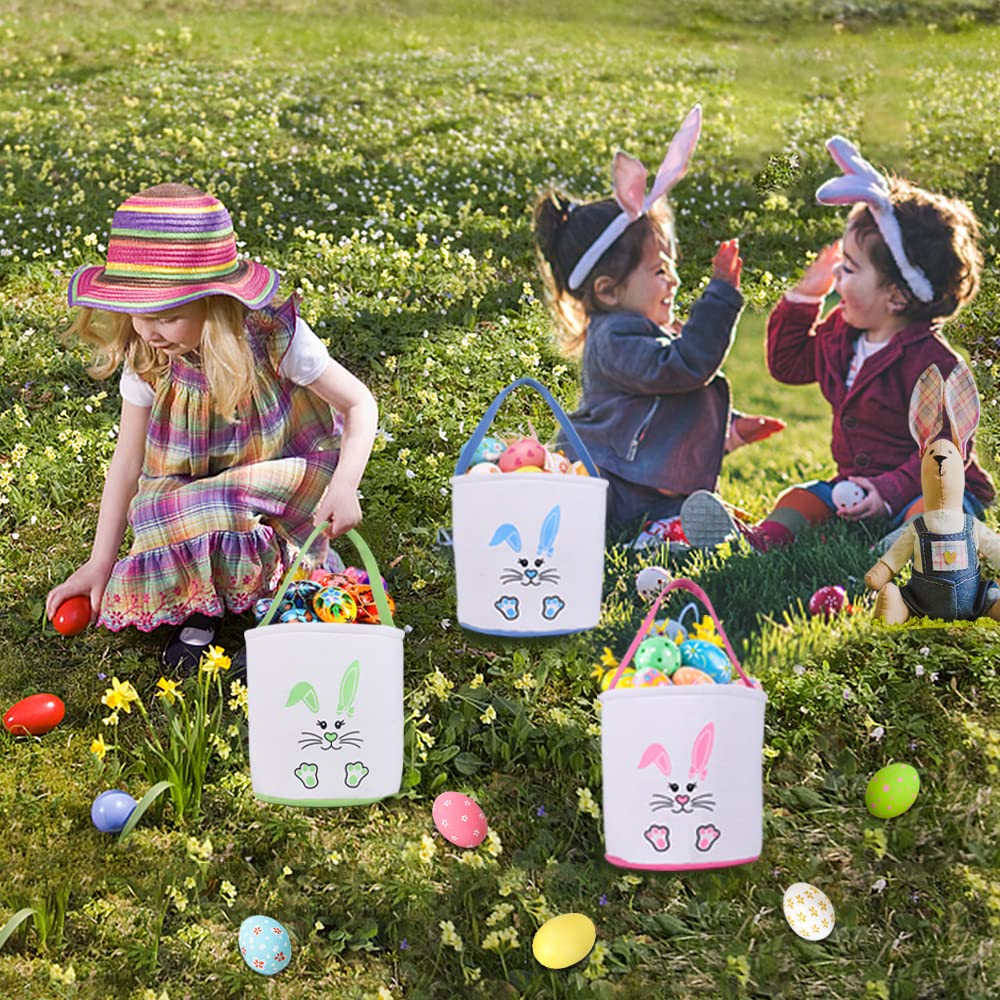 3Pcs Easter Basket for Kids Easter Bunny Canvas Candy Basket Bulk, DIY Personalized Easter Large Buckets Tote Bags Egg Hunt Gifts Basket Easter Party Favors Decorations with 2Pcs Double Line Pens
