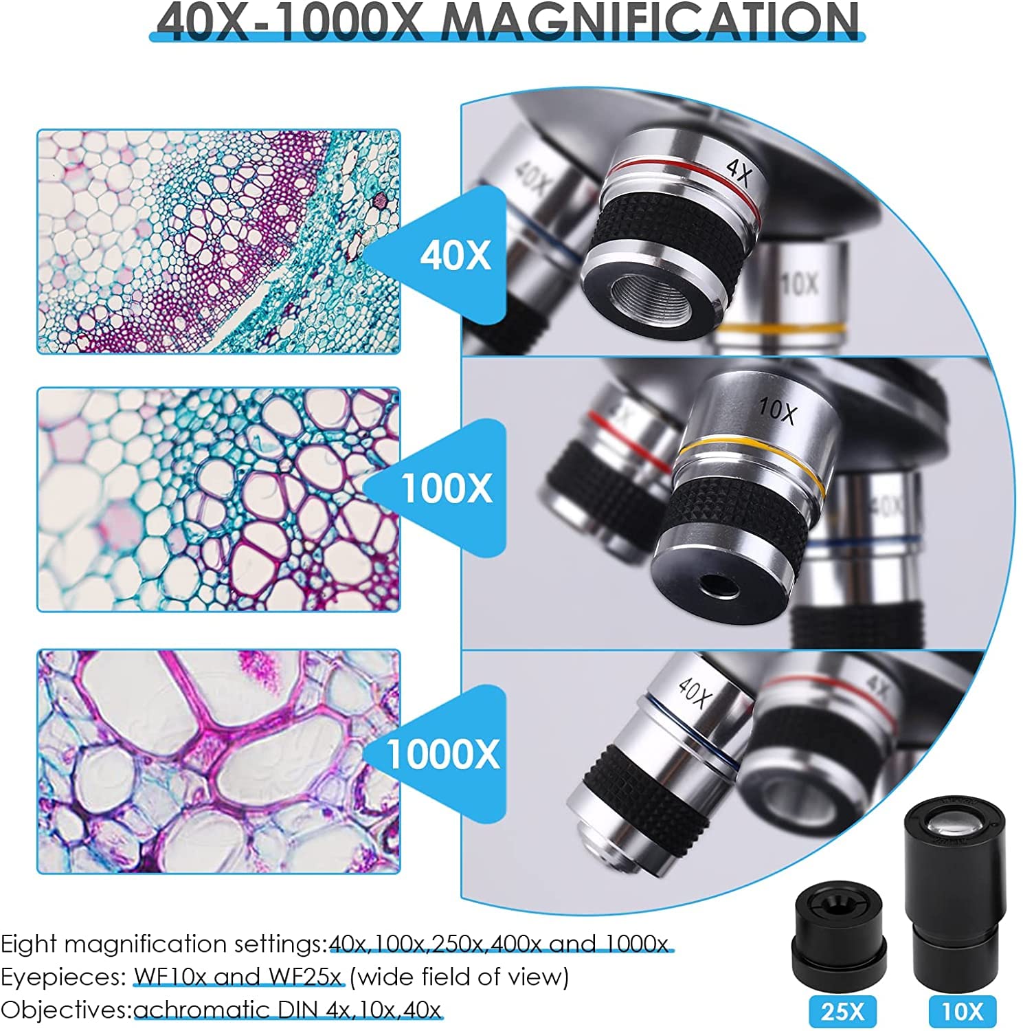 40X-1000X Microscopes for Students Kids Adults, Cordless Biological Compound Monocular Microscopes with Microscope Slides Set, Phone Adapter, Dual LED Illumination Power Optical Glass Lenses