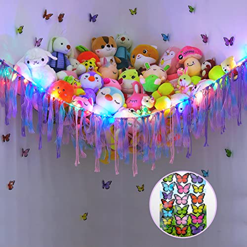 Beinou Stuffed Animals Net or Hammock with Butterfly Stuffed Animals Storage Holder with LED Light Toy Storage for Stuffed Animals for Girls Bedroom Decor