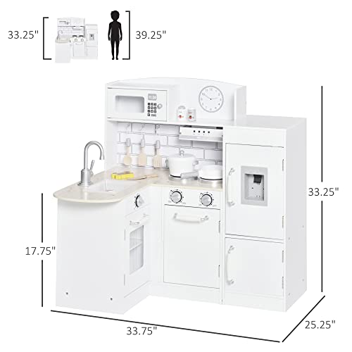 Qaba Kids Play Kitchen Set Pretend Wooden Cooking Toy Set with Drinking Fountain, Microwave, Fridge and Accessories for Age 3 Years, White