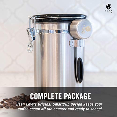 Bean Envy Coffee Canister - 22.5 oz Coffee Storage Container and Organizer w/Stainless Steel Scoop, Date Tracker & Co2-Release Valve - Essential Coffee Accessories, Steel