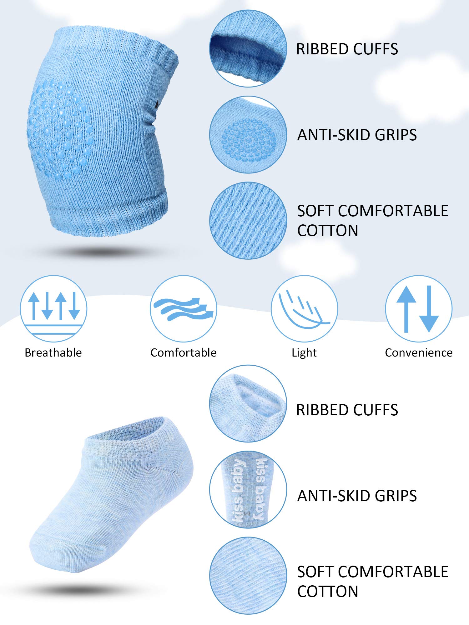 SATINIOR 8 Pairs Crawling Knee Pad Non-Slip Socks Set Knee Protector Toddler Leg Warmer Unisex Soft Cotton Socks for Baby Toddler (Green, Light Gray, Blue and Dark Blue), Medium