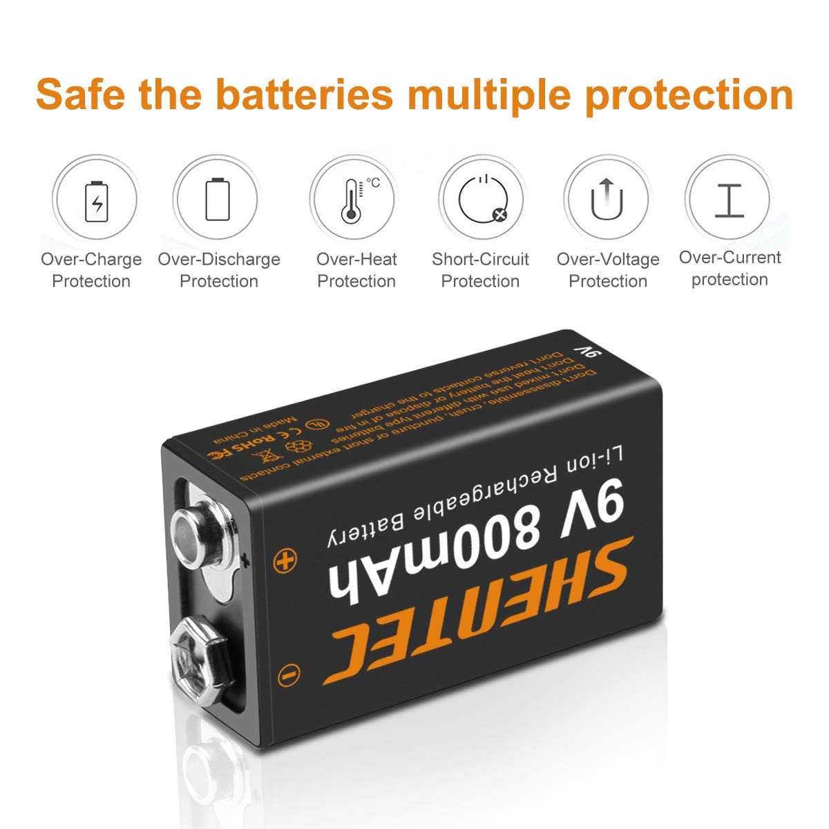 Shentec 9V Rechargeable Lithium Batteries, 800mAh Low Self-Discharge Square 9 Volt LithiumBattery for Alarms, Wireless Microphones, Smoke Detectors, Toys, Flashlights and More(4-Pack)