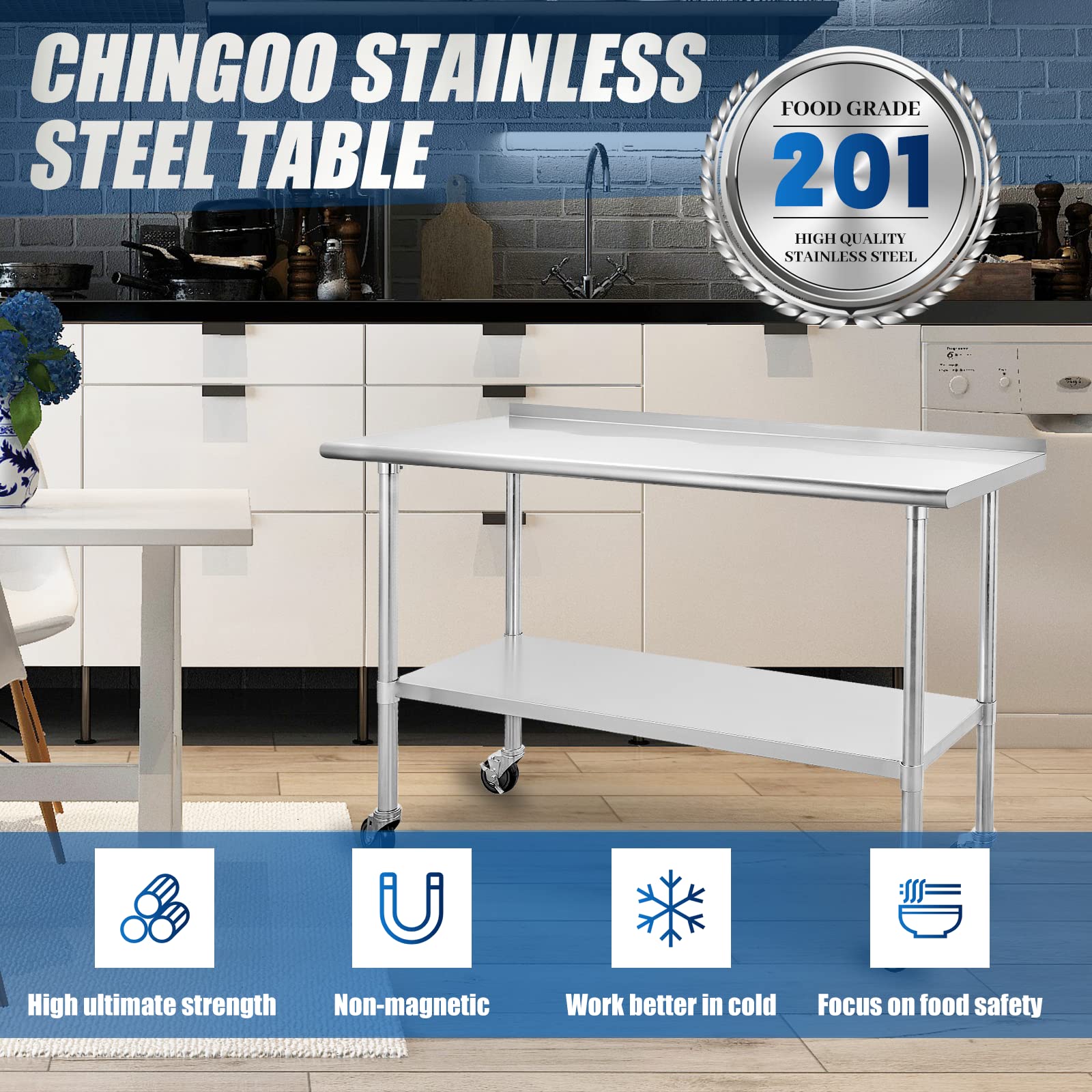 Chingoo Stainless Steel Table with Wheels 24 x 60 Inches Metal Prep Table with Backsplash & Adjustable Undershelf, Stainless Table for Commercial Kitchen, Outdoor, Restaurant, Hotel & Garage