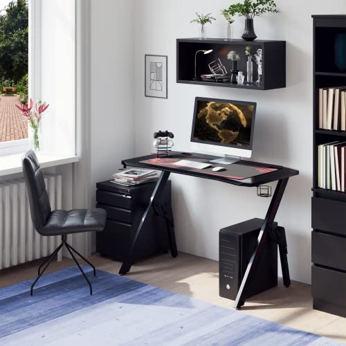 43 inch Gaming Desk, Ergonomic Computer Desk K-Shaped Sturdy Craft Table, Home Office Student Writing Table with Handle Rack, Cup Holder, Headphone Hook, Full Mouse pad, Black