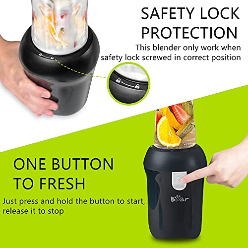 Bear Personal Blender for Shakes and Smoothies with 300W Small Single Serve Portable Countertop Blender, 20.3oz Tritan BPA Free Travel Blender Bottles,Black (Black B)