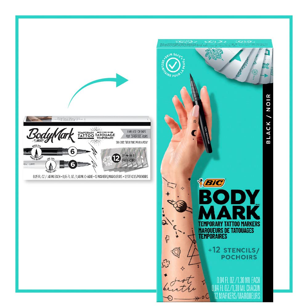 BODYMARK BIC Temporary Tattoo Markers for Skin, Black, Mixed Tip, 12-Count Pack, Skin-Safe, Cosmetic Quality
