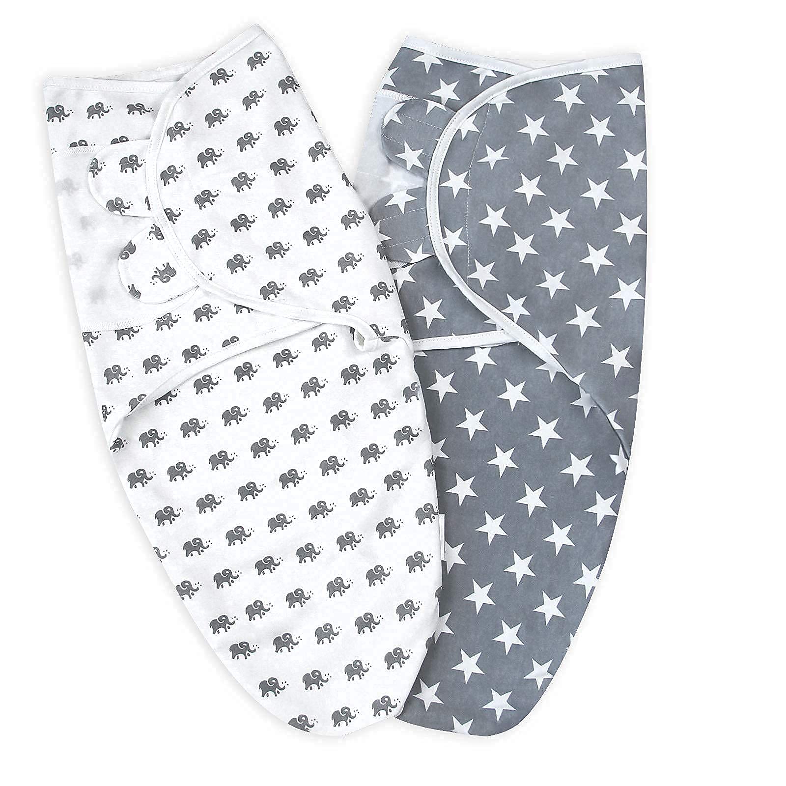 Coldwind Baby Swaddles 0-3 Months, 2 Pack 100% Organic Cotton Adjustable Swaddle Sack for Boy or Girl, Baby Swaddle Wrap for Newborn Baby, Star and Elephant