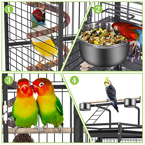 61'' Bird Cage, Large Bird Flight Cages Aviary with Rolling Stand & Bottom Tray, Wrought Iron Birdcage with PlayTop & Rope Bungee Bird Toy for Parakeet, Parrot, Lovebirds, Pigeons, Cockatiels, Macaw
