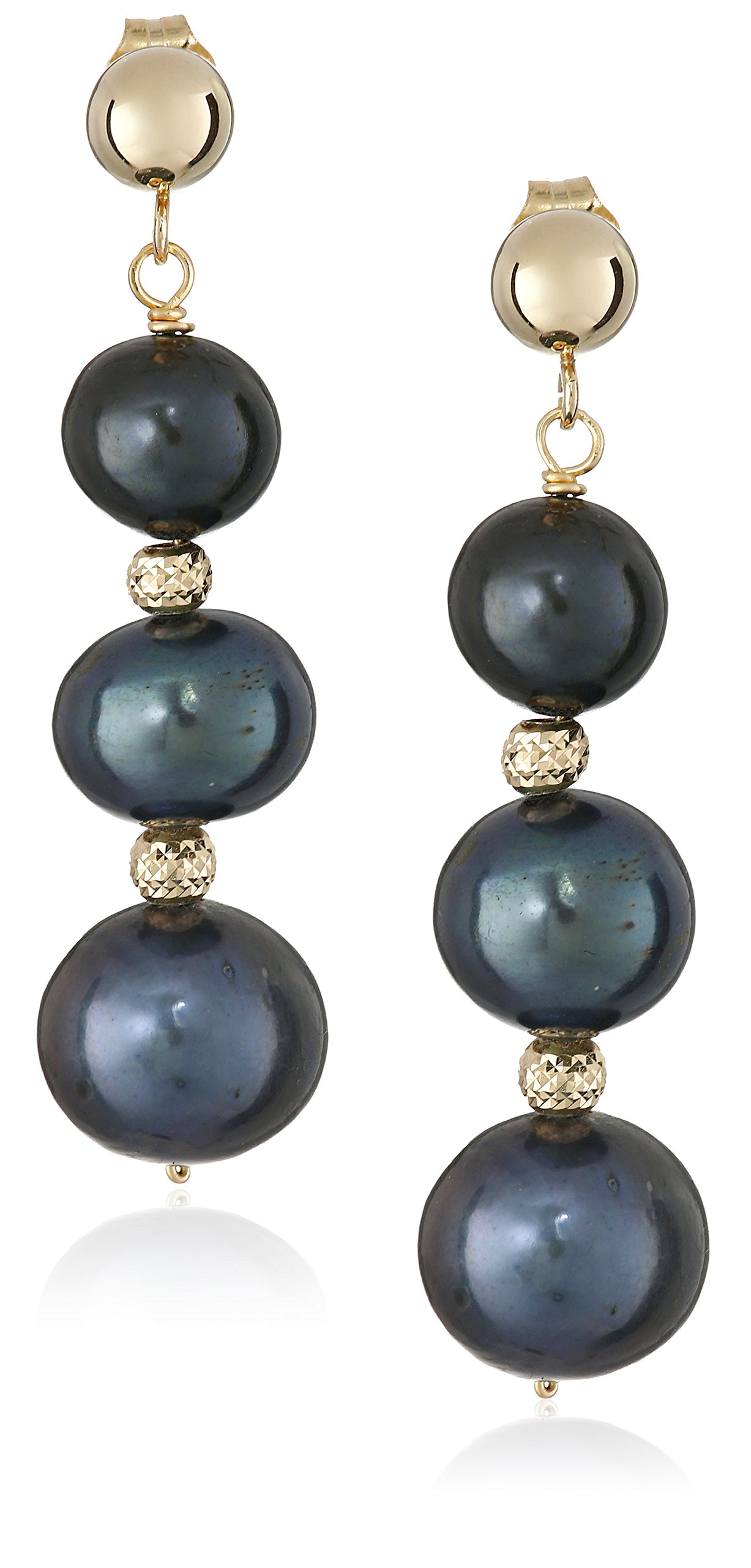 14k Yellow Gold Graduated 6.5-9.5mm Black Freshwater Cultured Pearl with Sparkling Beads Dangle Earrings