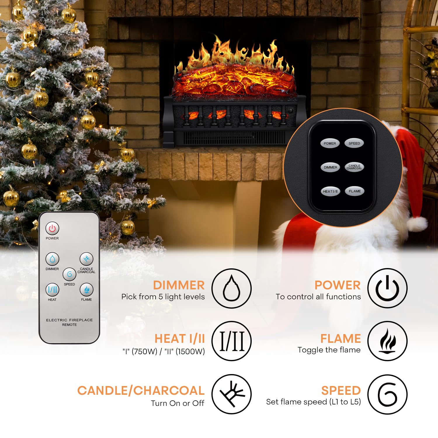 20" Electric Fireplace Heater with Realistic Flame Remote Control for Indoor Use, 750W/1500W Power Smoldering Logs, Black