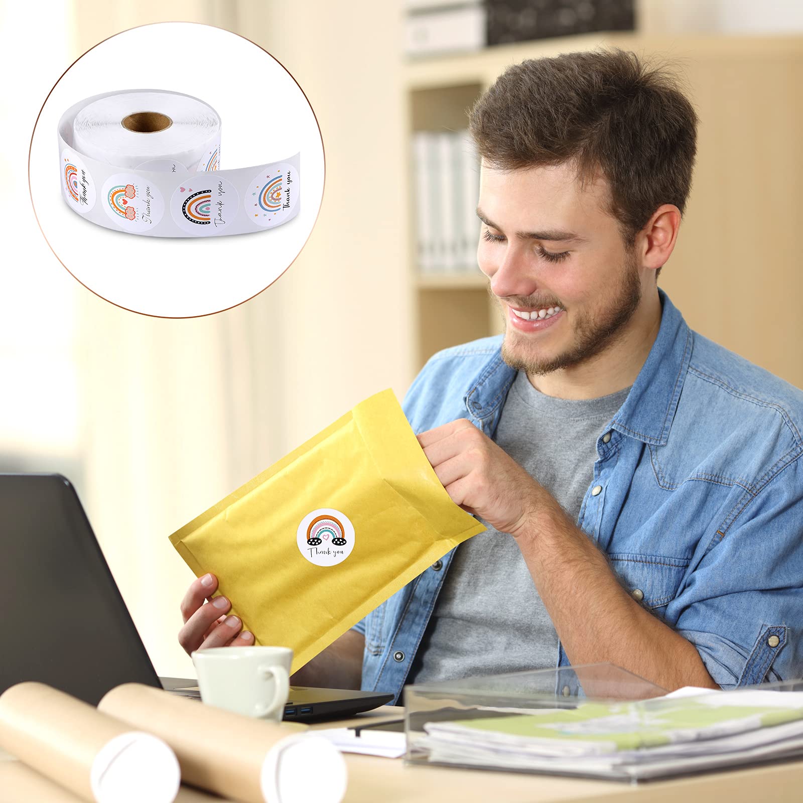 Outus 1000 Pieces Rainbow Thank You Label Stickers 1.5 Inch Round Thanks You Stickers Boho Adhesive Business Label Envelope Seals Rolls for Card Box Packing Gifts Bag, 8 Styles