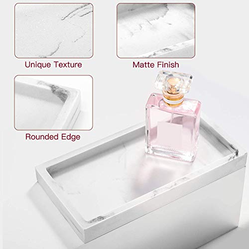 PLYFUNS Vanity Tray, Mini Bathroom Kitchen Resin Vanity Tray Cosmetic Organizer Jewelry Ring Dish Holder for Towel/Plant/Jewelry - White Marble