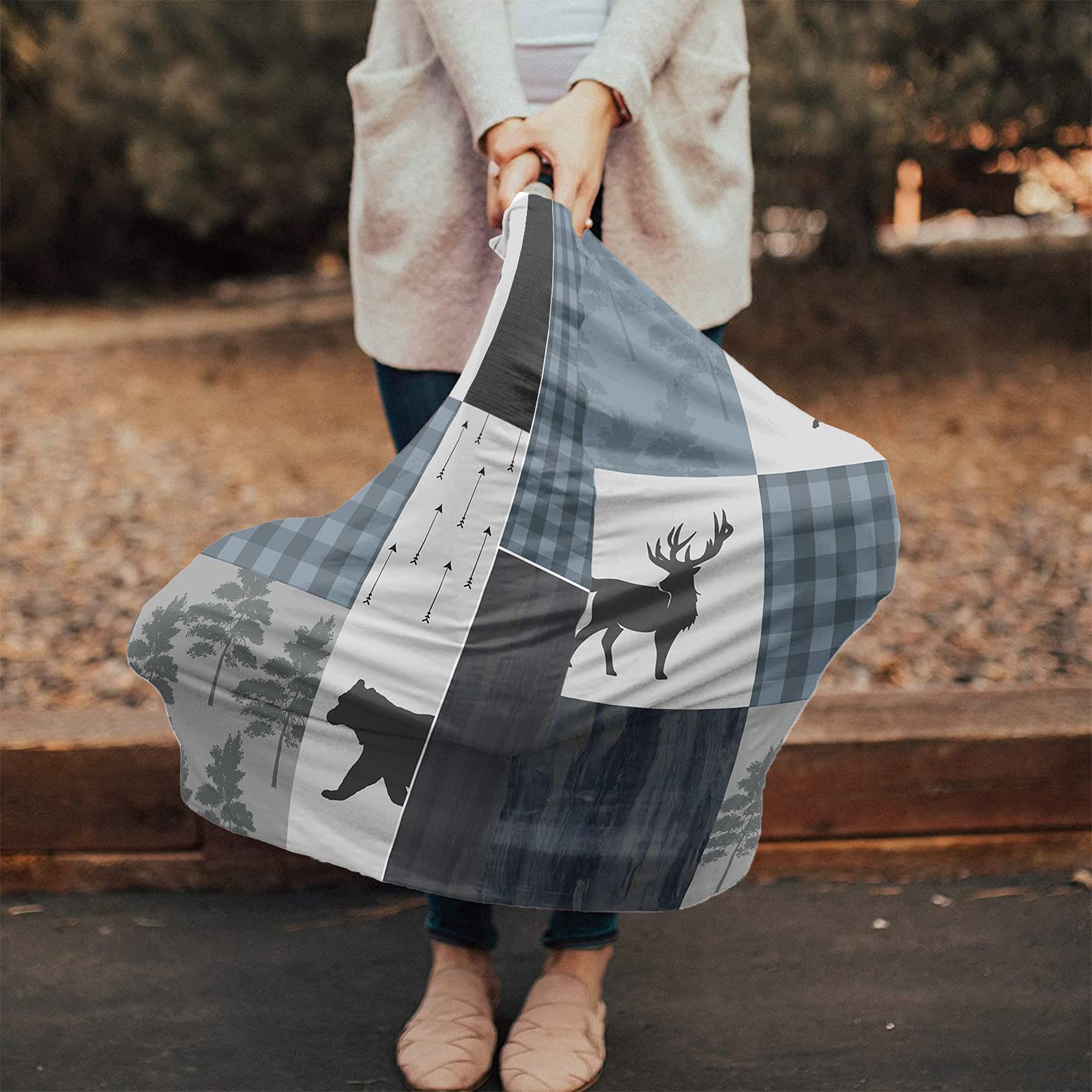 Car Seat Canopy Nursy Cover, Retro Countryside Bear Moose Woods Multi Use Breastfeeding Scarf for Infant Carseat Canopy, Stroller, Shopping Cart, Highchair Grey Blue Plaid