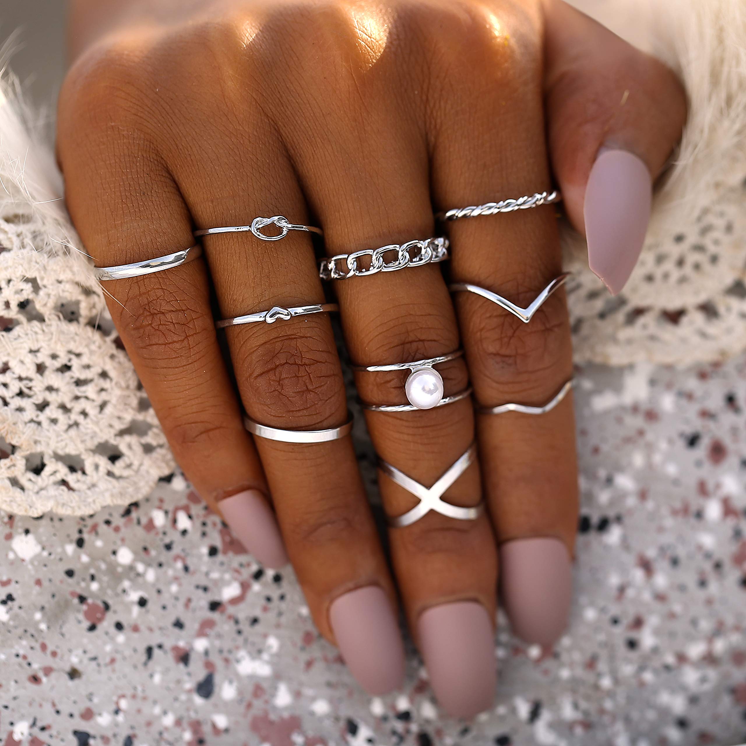 17 MILE 10 Pcs Vintage Knuckle Stackable Rings Set for Women, Bohemian Gold/Silver Plated Comfort Fit VSCO Wave Joint Finger Rings Gift (Pearl Gold) (Silver)