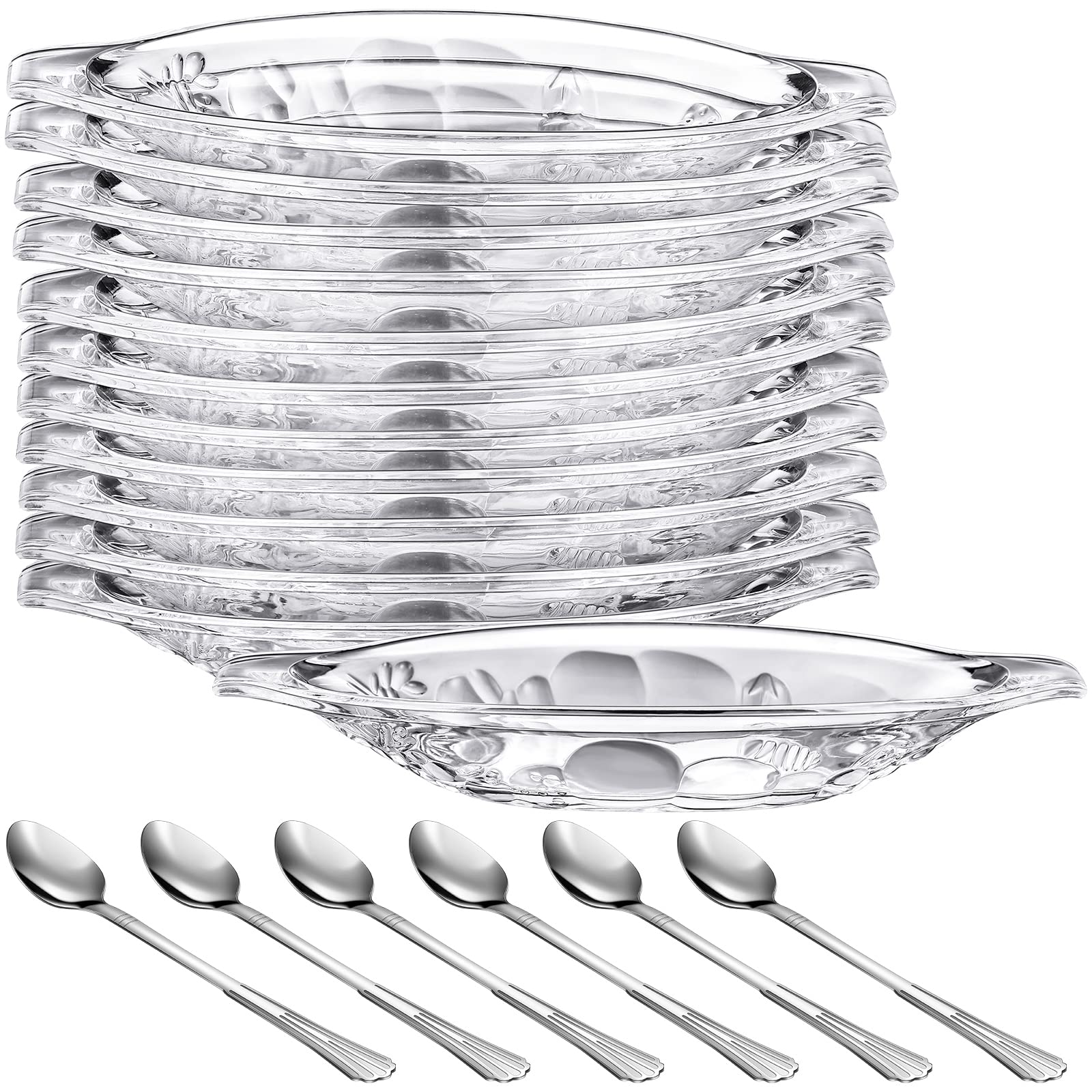 12 Sets 8 oz Acrylic Banana Split Bowls and Teaspoon Set Clear Banana Split Boats Silverware Split Ice Cream Dish Spoons Stainless Steel Coffee Spoons for Dessert Kitchen Party, Dishwasher Safe