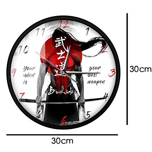 The Geeky Days Samurai with Katana Sword Japanese Calligraphy Bushido Silent Quartz Wall Clock Martial Arts Man Cave Metal Frame Watch Home Decor Japan Mens Gift