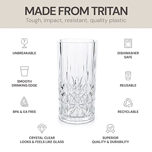 BELLAFORTE Shatterproof Tritan Tall Tumbler, Set of 4, 18oz - Myrtle Beach Drinking Glasses - Unbreakable Plastic Drinking Glasses for Gifting, Parties, New Year - BPA Free - Dishwasher Safe - Clear